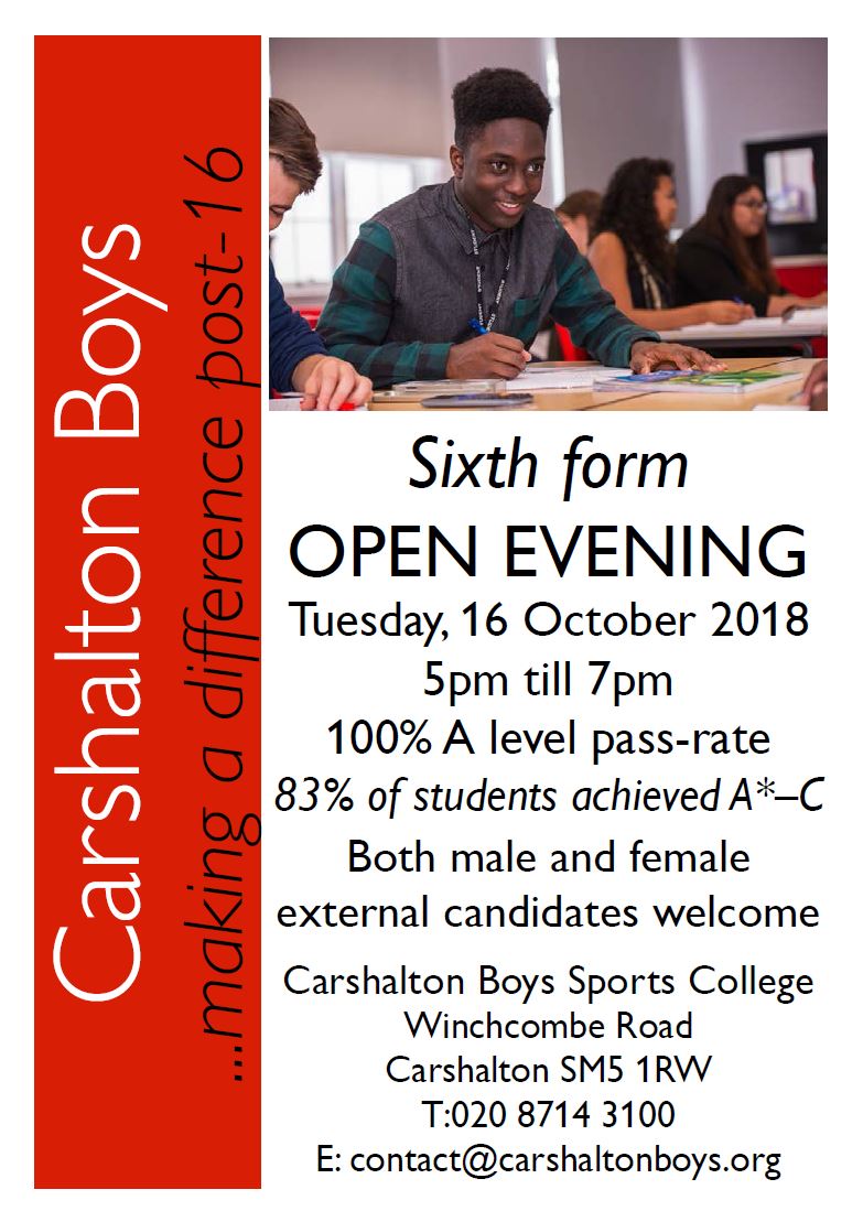Carshalton Boys Sports College - Sixth Form Open Evening 2018 Carshalton Boys Sports College - Sixth Form Open Evening 2018